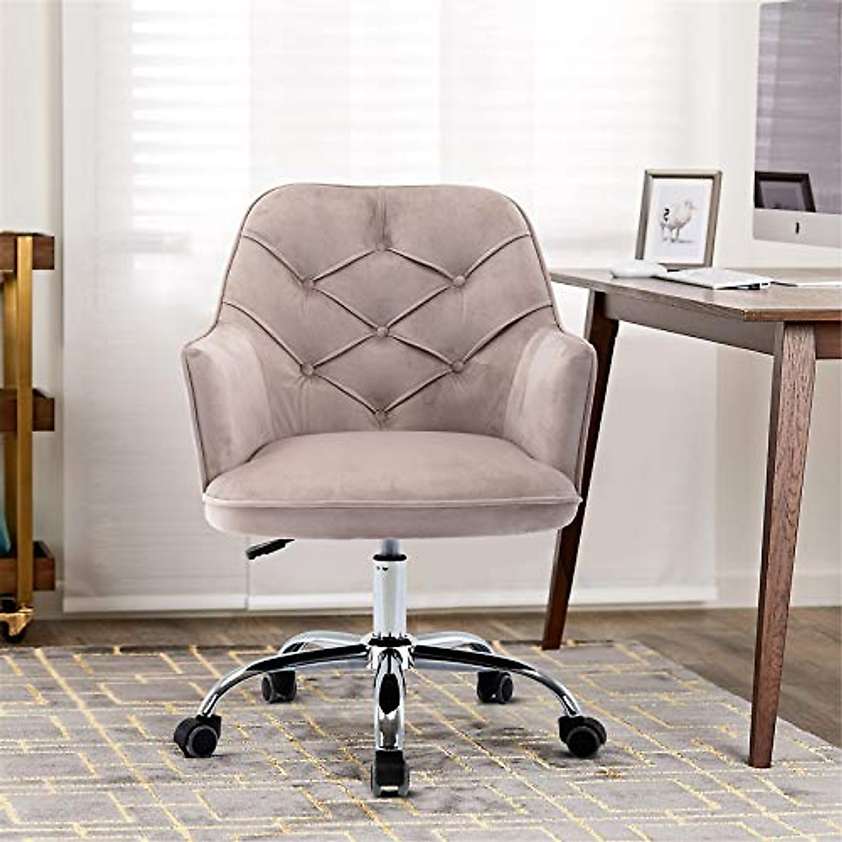 Gecheer Velvet Swivel Shell Chair for Living Room, Modern Leisure Arm Chair, 360° Swivel Office Task Chair with Wheels - Grey