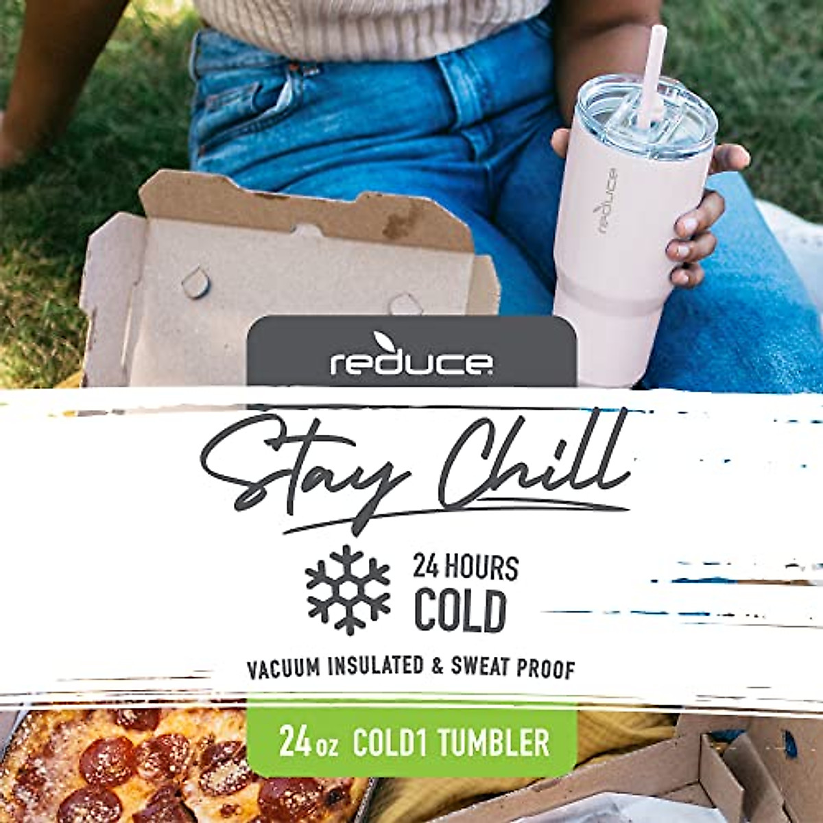 REDUCE Cold1 24 oz Tumbler with Lid and Straw - Dual-Wall Vacuum Insulated Stainless Steel Tumbler - Keeps Drinks Cold up to 24 Hours - Inner Ounce Markings to Track Hydration - OG Pink Cotton