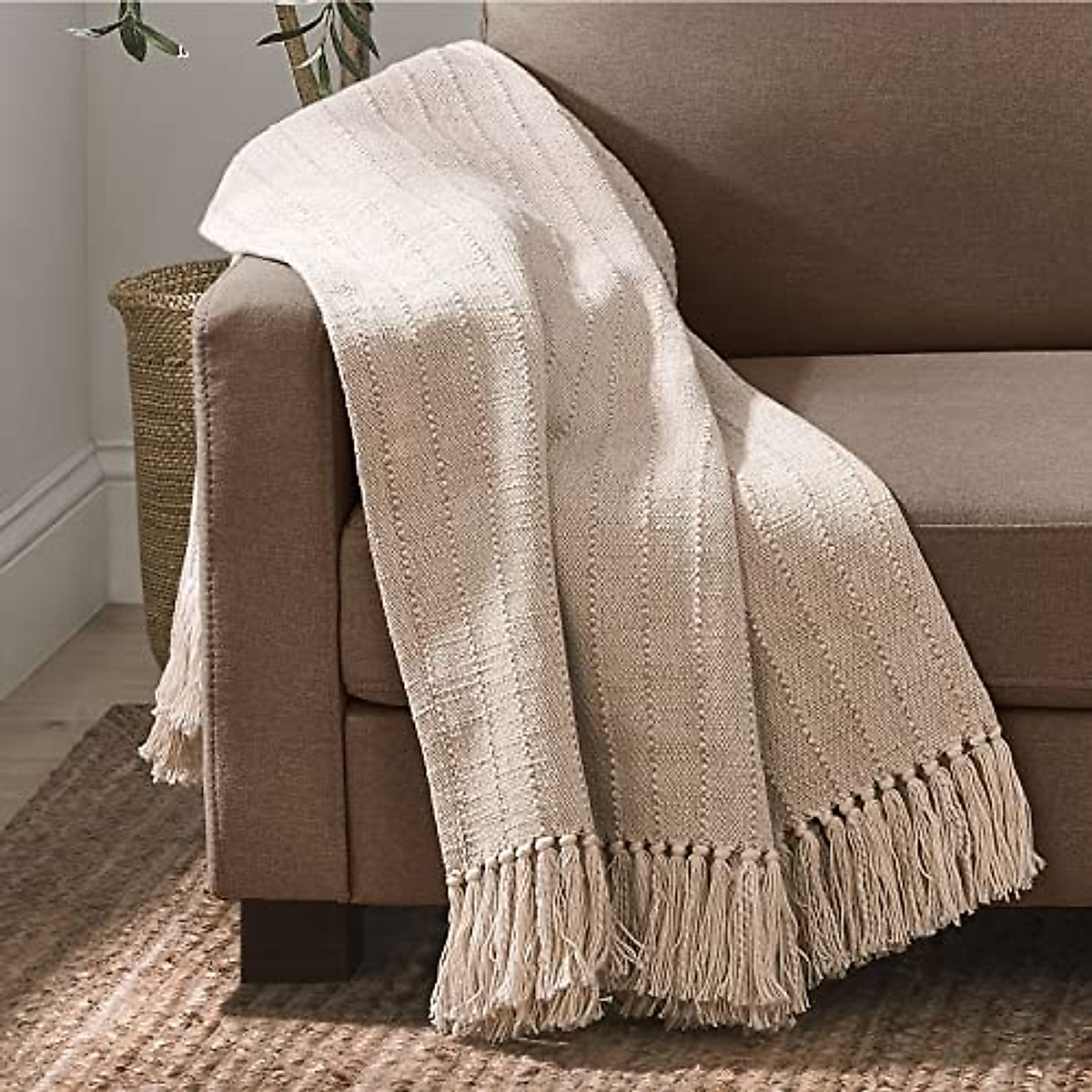 Nate Home by Nate Berkus Lightweight Textured Weave Cotton Throw Blanket | with Fringe Detail, Breathable, All-Season Decoration for Bedding from mDesign - 50" x 60", Natural (Tan)