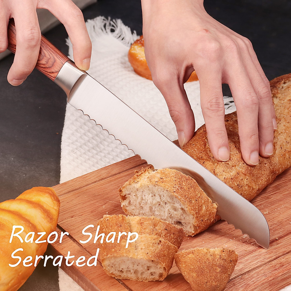 LUVCOSY Colorful Pakkawood Kitchen Knife Set of 6, Stainless Steel Chef Knife with Gift Box, Razor Sharp Bread Knife/Grill Knife/Utility Knife/Paring Knife/Santoku Knife for Home/Kitchen