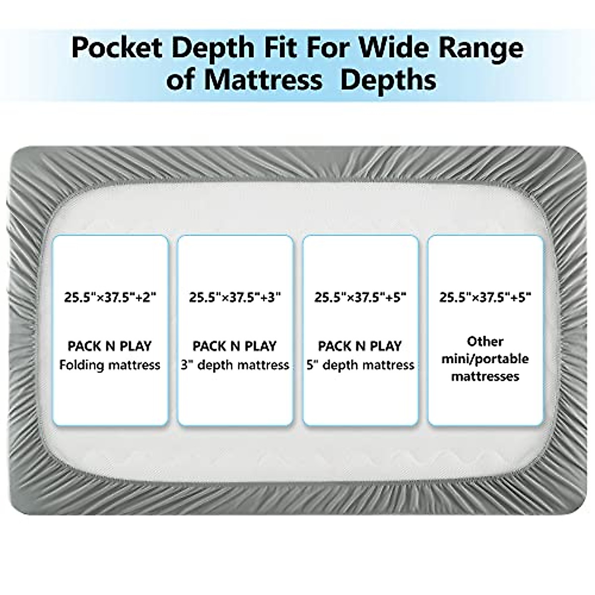 TILLYOU Cloudy Soft Pack and Play Sheet Quilted, Breathable Thick Play Yard Playpen Sheets, 39"x27"x5" Fit Mini/Portable Crib Mattress Pad Pack N Play Mattress Pad, Charcoal Gray