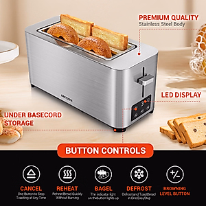 4 Slice Toaster with LED Timer Display, Stainless Steel Bread Toasters with Long Extra Wide Slots, 6 Bread Shade Settings, Bagel/Defrost/Cancel Function, Removable Crumb Tray, 120V/1300W