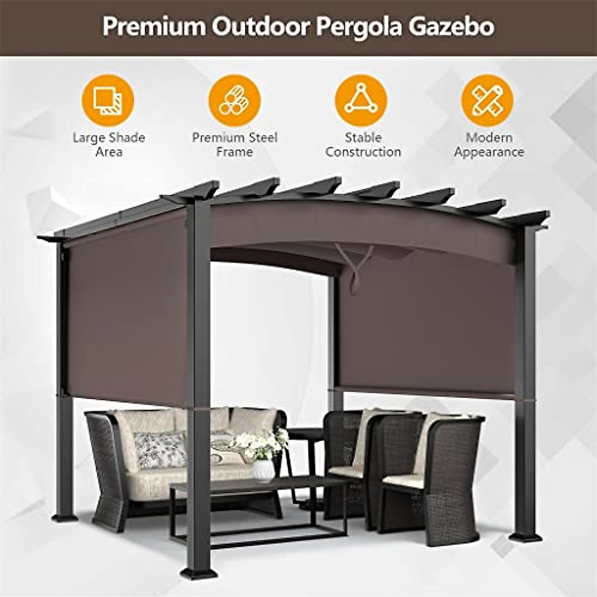 ADUH Patiojoy 10 X 10ft Patio Pergola Gazebo Sun Shade Shelter W/Retractable Canopy