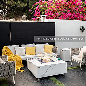 ELEMENTI Outdoor Fire Table Natural Gas 60,000 BTUs Firepit Patio Coffee Table, Backyard Fireplace Marble Porcelain Square Fire Pit, 17Inch-High,Bianco Series