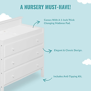 Dream On Me Mason Modern Changing Table with Free Changing Pad in White, Three Spacious Drawers, Made of New Zealand Pinewood, Includes 1" Mattress Pad and Anti-Tipping Kit