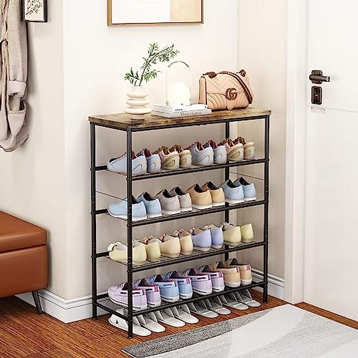 SUOERNUO Shoe Rack Organizer 5 Tier for Closet Entryway Free Standing Metal Storage Shoe Shelf with MDF Top Board，Black+Rustic Brown