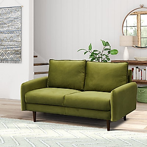 INSTORY Velvet Loveseat Mid-Century Modern Sofa Tufted Couch with Wooden Legs for Living Room - Army Green