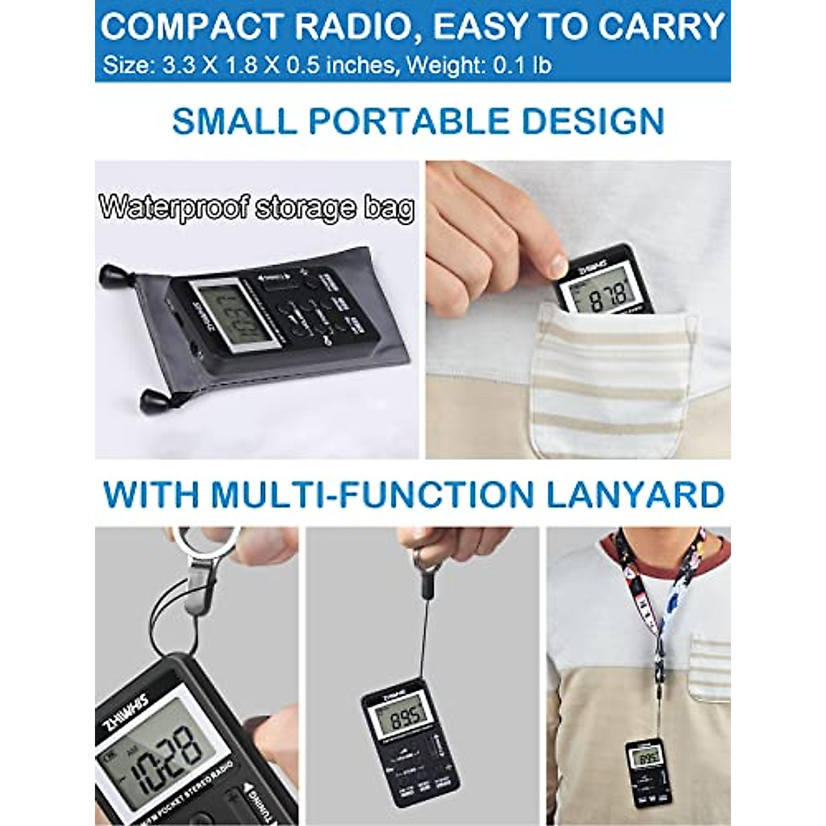 ZHIWHIS Portable Radio, AM FM Receiver with Sleep Timer, Rechargeable Stereo Radios with Digital Clock, DSP Tuner with Preset Function Pocket Walkmen for Walking Travel