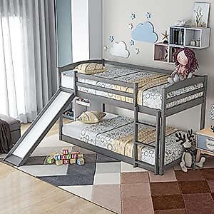 TARTOP Twin Over Twin Bunk Bed with Convertible Slide and Ladder,Solid Pinewood Frame, Low Bunk Bed w/Safety Guardrails,Suitable for Kids/Teen,No Box Spring Needed,Gray