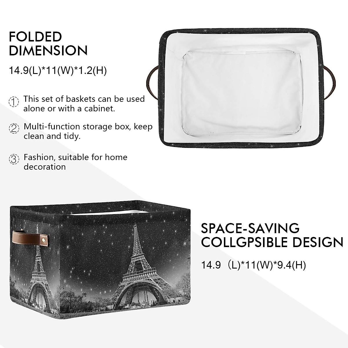 ALAZA Foldable Storage Bins, Wonderful Night View of Eiffel Tower in Paris Storage Boxes Closet Shelf Organizer for Bedroom Nursery Closet Toys Books