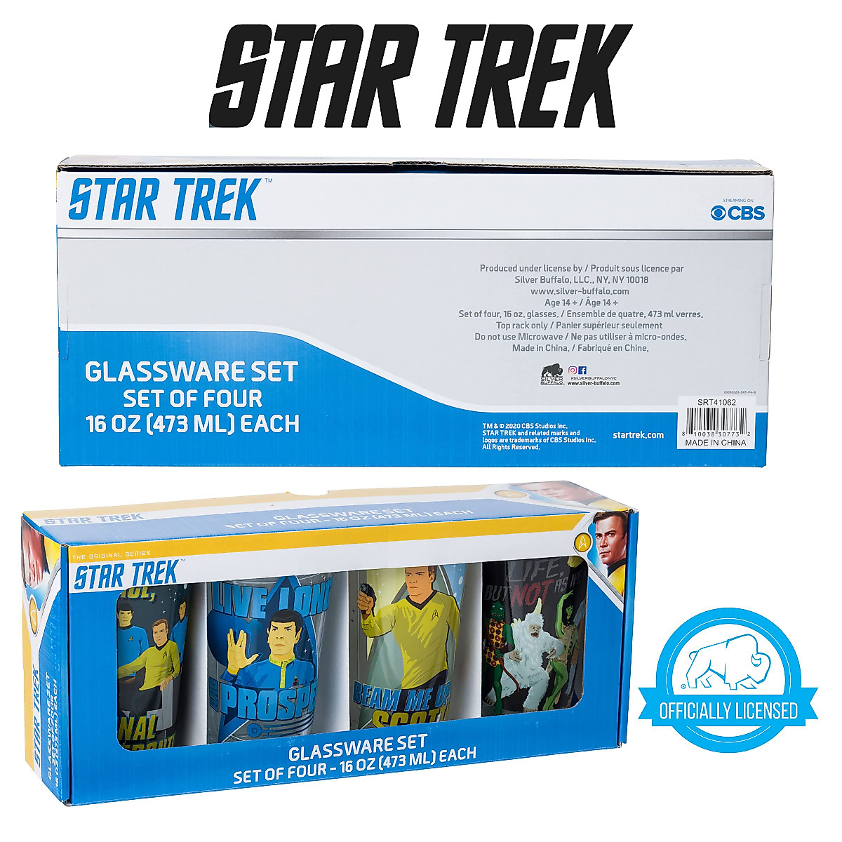 Silver Buffalo Star Trek Quotes Kirk, Spock, McCoy, and Uhura 4pc Pint Glass Set, 16 Ounces