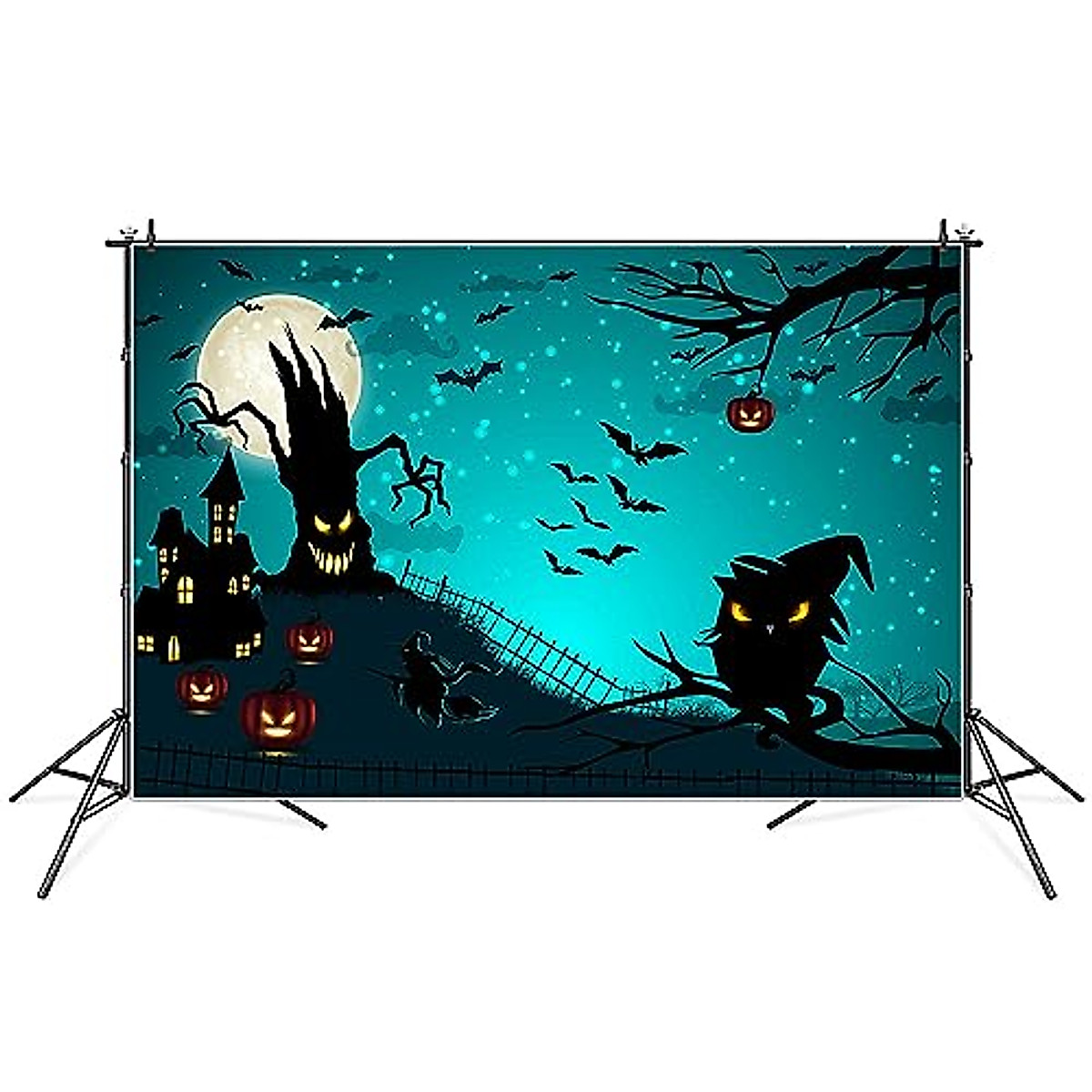 MOONDECO Photography Backdrop 7x5ft Halloween Party Props Black Tree Spider Owl Shadow Background Kids Pumpkin Lamp Ghost Fire Fly Bat Photo Booth