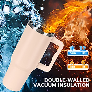 LATTPLYN 40 oz Tumbler with Handle and Straw Lid Insulated Cup Stainless Steel Water Bottle Travel Mug Gifts for Women Men Kids Trek Collection Thermoses Apricot