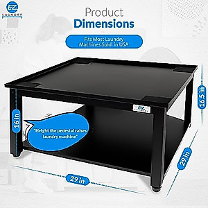 EZ Laundry | Upgraded 29” Universal Pedestal – 700lbs Capacity, Raises 16” with Built-in Drain Pan + Hose, Adjustable Feet, Anti-Vibration, Steel & Storage Shelf for Washer & Dryer (Black)