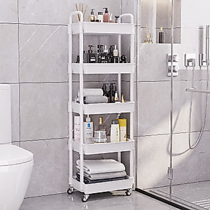 Buzowruil 5-Tier Utility Rolling Plastic Storage Cart Trolley with Lockable Wheels,Multifunctional Storage Shelves for Kitchen Living Room Office,White