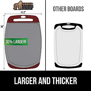 Gorilla Grip Reversible, Oversized, Thick Cutting Board, Grip Handle, Deep Juice Grooves, Slip Resistant, Large Kitchen Chopping Boards for Meat, Veggies, Fruits, Dishwasher Safe, 16x11.2, Red Gray