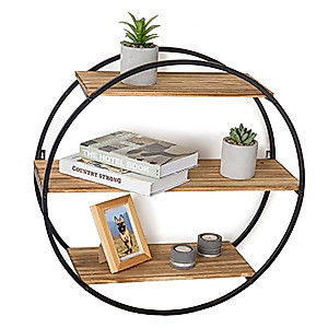 Modern Circular Metal Frame & Wood Wall Mounted Floating Shelf / 3-Tier Decorative Display Rack, 22-Inch in Diameter