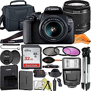 Canon EOS 2000D / Rebel T7 Digital SLR Camera 24.1MP with EF-S 18-55mm f/3.5-5.6 Lens + ZeeTech Accessory Bundle, SanDisk 32GB Memory Card, Wire Remote Control, Case and Flash (Renewed)