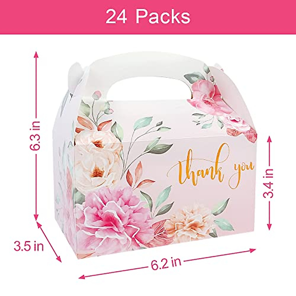 24 Pcs Floral Thank You Treat Boxes for Wedding, Thank You Treat Boxes with Handles Floral Treat Boxes Party Favors Premium Cardboard Box for Gift, Perfect for Wedding, Baby Shower, and Party