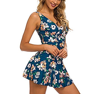 COSKAKA Women's One Piece Skirt Swimwear Ruched Retro Swimming Dress Tummy Control Bathing Suit