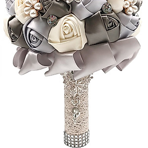 Abbie Home Advanced Customization Romantic Bride Wedding Holding Toss Bouquet Rose with Pearls and Rhinestone Decorative brooches Accessories- (Grey + Creamy White)