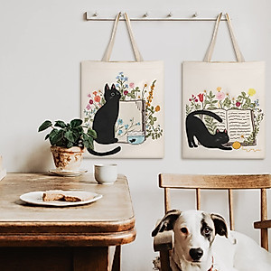 Oudain 4 Pcs Cat Tote Bag for Women Floral Book Space Mushroom Canvas Tote Bag Bulk Cute Aesthetic Library Shoulder Tote Bag (Cat)