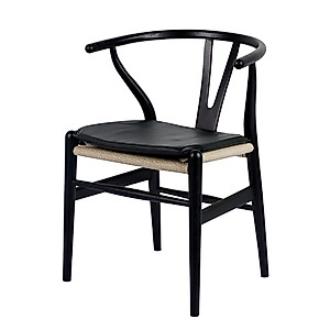 Forsho Set of 2 Solid Wood Wishbone Dining Chair with PU Soft Seat Cushion,Mid-Century Y Back Weave Dining Chair（Ash Wood - Black + Natural Cord + Cushion）