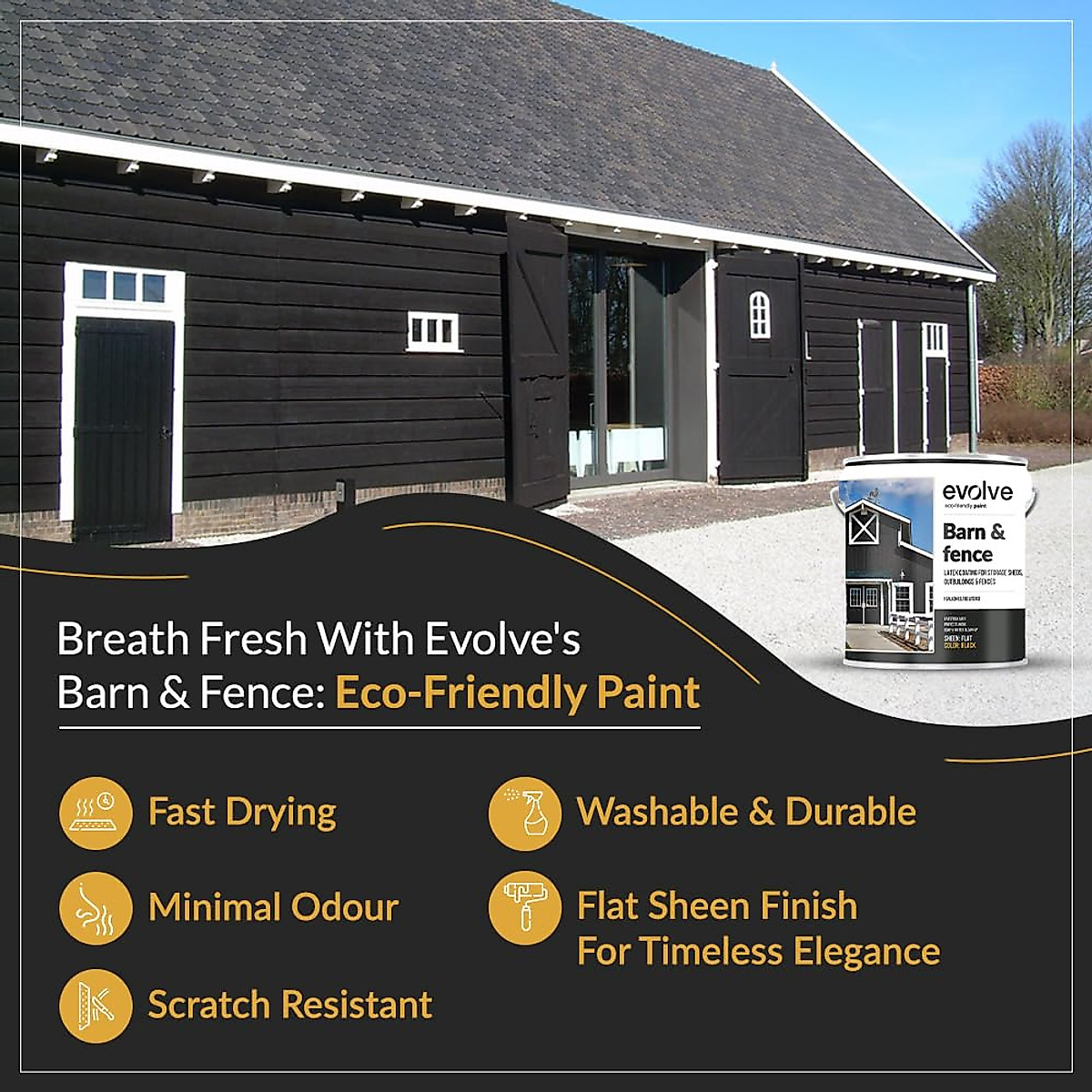 EVOLVE Barn & Fence: Swift Shield High Durability and Scratch-Resistant Paint for Storage Sheds, Outbuildings, and Fences (1 Gallon, Black)