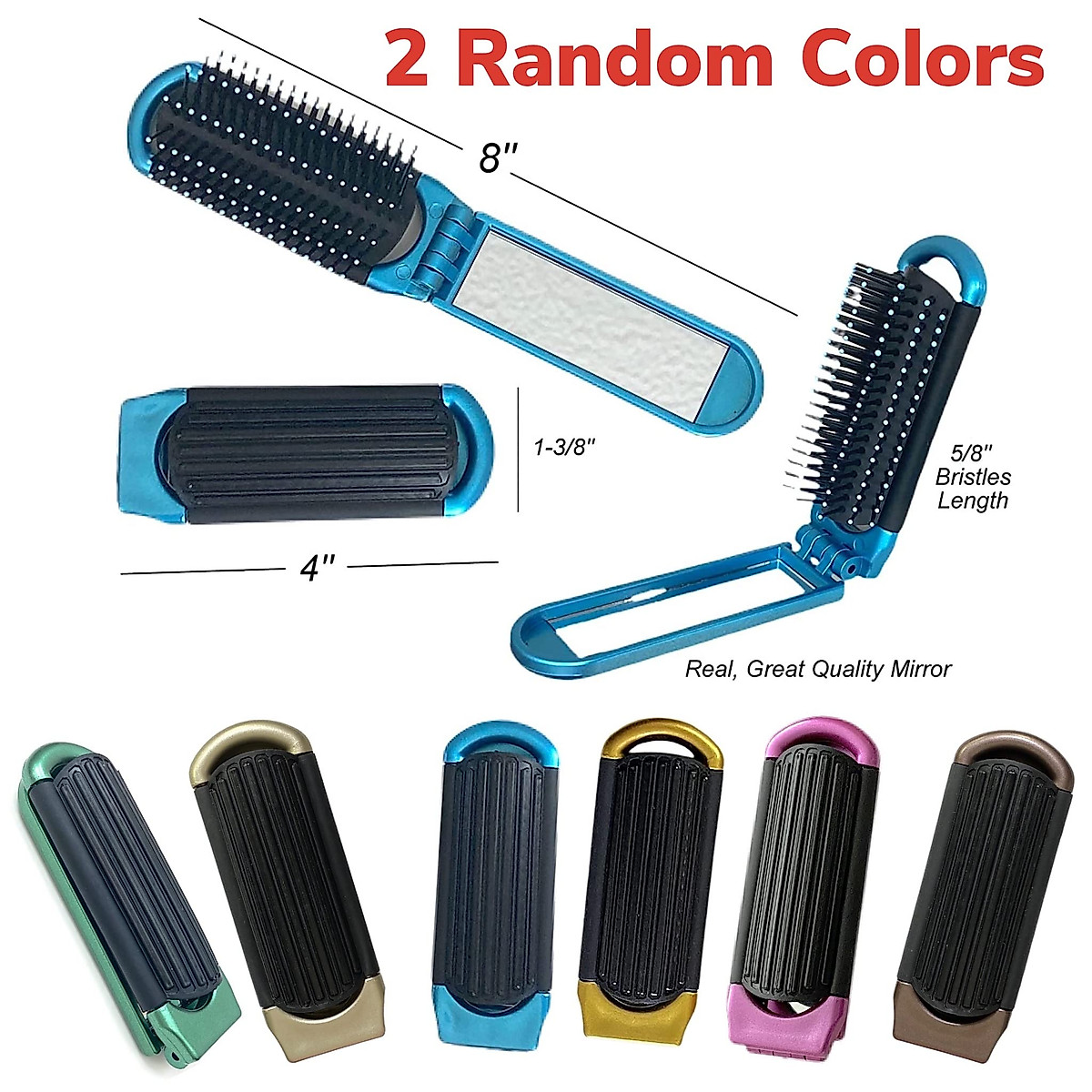 ALAZCO 2 Assorted Colors Folding Hair Brush With Mirror Compact Pocket Size Travel Car Gym Bag Purse Locker Swimming Camping Sleepover Gift and more