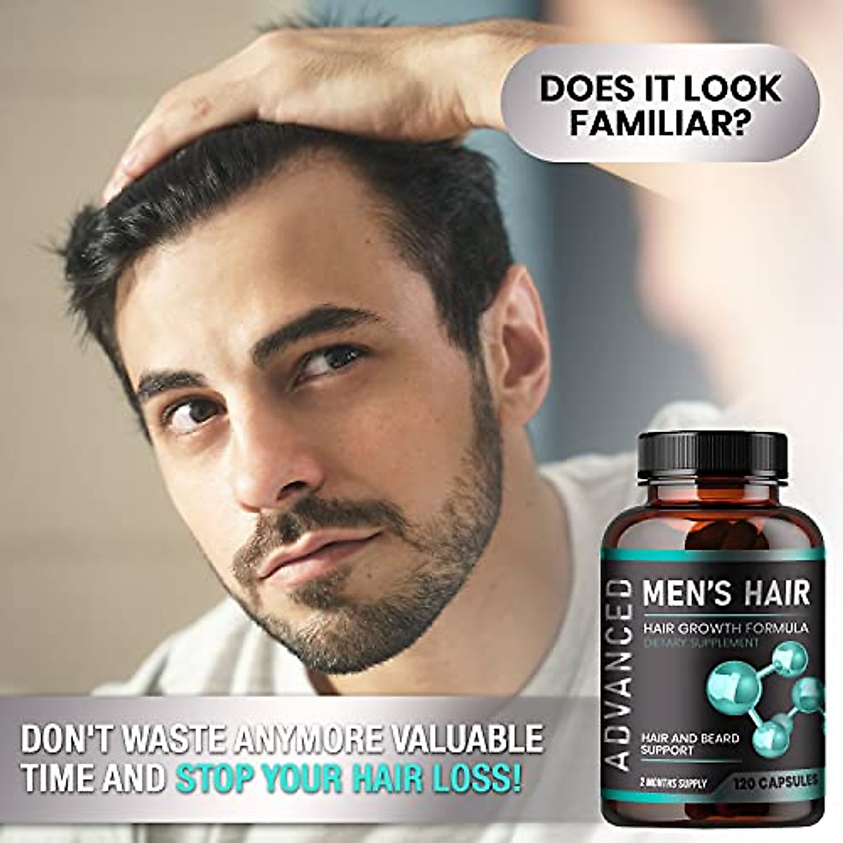 Hair Growth Vitamins For Men - Anti Hair Loss Pills. Regrow Hair & Beard Growth Supplement For Volumize, Thicker Hair.Stop Hair Loss And Thinning Hair With Biotin & Saw Palmetto Hair Vitamins.120 Caps