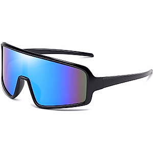 AIEYEZO Modern Sports Cycling Sunglasses Fishing Running Mirrored Sun Glasses UV400 Protection Shield with Eyewear Rope (Black/Blue Mirrored)