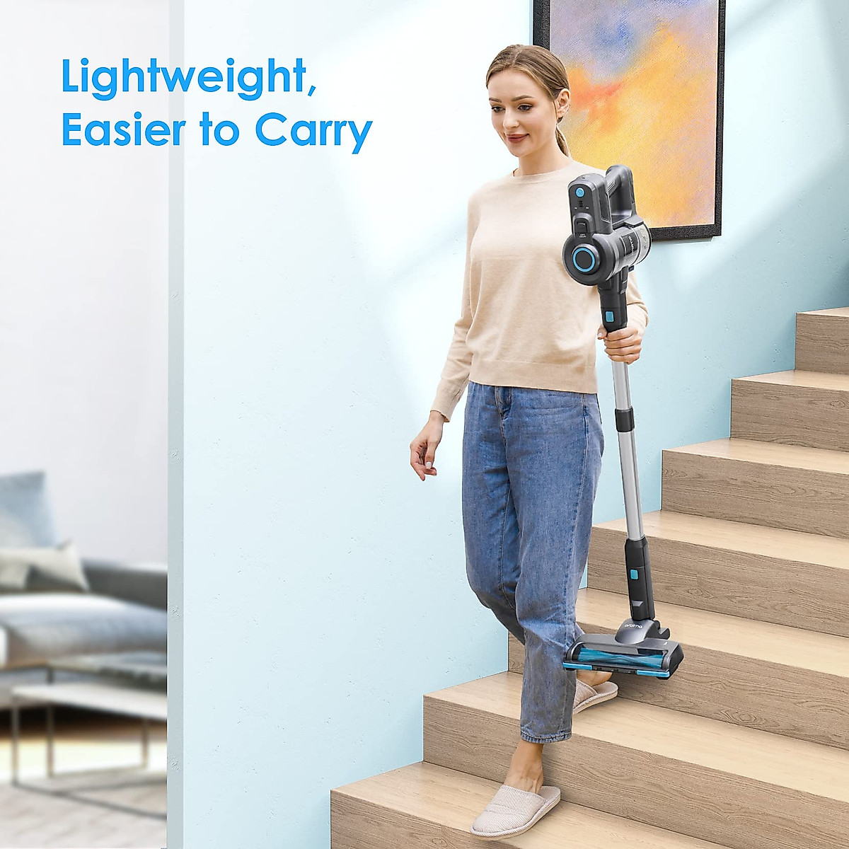 Oraimo Stick Vacuum, Cordless Vacuum Cleaner with Self-Standing, Cordless Stick Vacuum with 35 Mins Runtime Detachable Battery, 6 in 1 Lightweight Vacuum with LED for Hardwood Floor Carpet Marble Tile