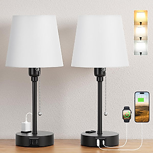 Bedside Lamps for Bedrooms Set of 2 Nightstand - Table Lamp with 3 Color Modes 2700K-5000K, Small Lamp with USB C+A Charging Port and AC Outlet, White Lamp for Side Table, Mini Bed Side Lamp for Kids