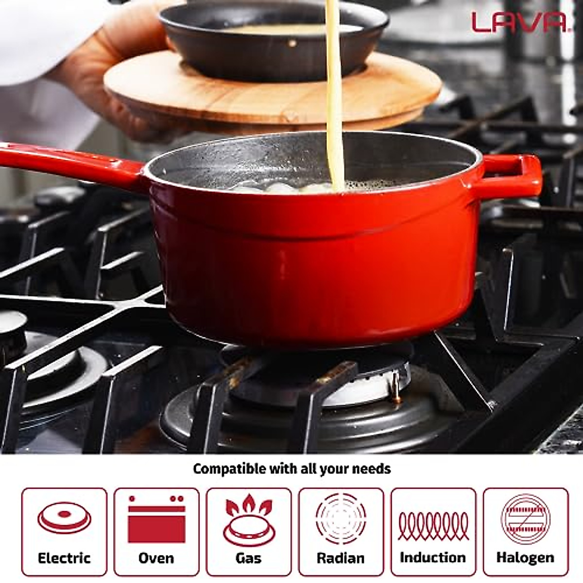 Lava Light-Colored Sand Enameled Cast Iron Sauce Pan, 1.5 Quarts Round Sauce Pot, Glossy Sand-Colored Three Layers of Enamel Coated Interior, Long Handle with Lid (Red)