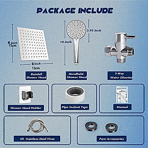 Bathroom Shower Kit, Fixed Shower Head and Handheld Shower, Round Replacement Overhead Rain Shower Head, Handheld Shower with Spray Mode, Universal, Water Saving (6in)