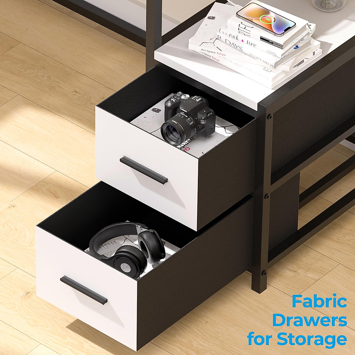 GreenForest Small Desk for Bedroom, 39.4 inch Computer Desk with 2 Drawers, Gaming Desk with LED Light and Power Outlet, Reversible Office Desk with Monitor Stand, Desk for Small Spaces, White