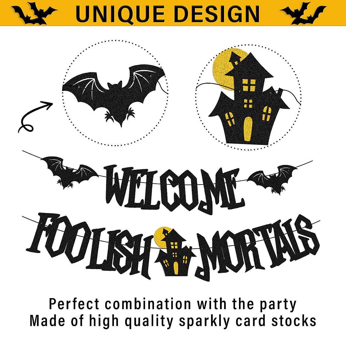 Welcome Foolish Mortals Banner for Halloween Bats Haunted House Ghost Horror Theme Happy Halloween Party Supplies Glitter Black Decorations