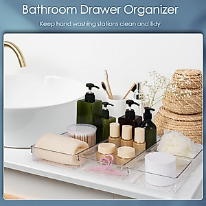 12 Pack Large Clear Plastic Drawer Organizer Set, Acrylic Bathroom Organizer Vanity Trays Dividers, Kitchen Organizers and Storage, Non-Slip Storage Bins for Makeup, Snacks, Office, Desk, Fridge