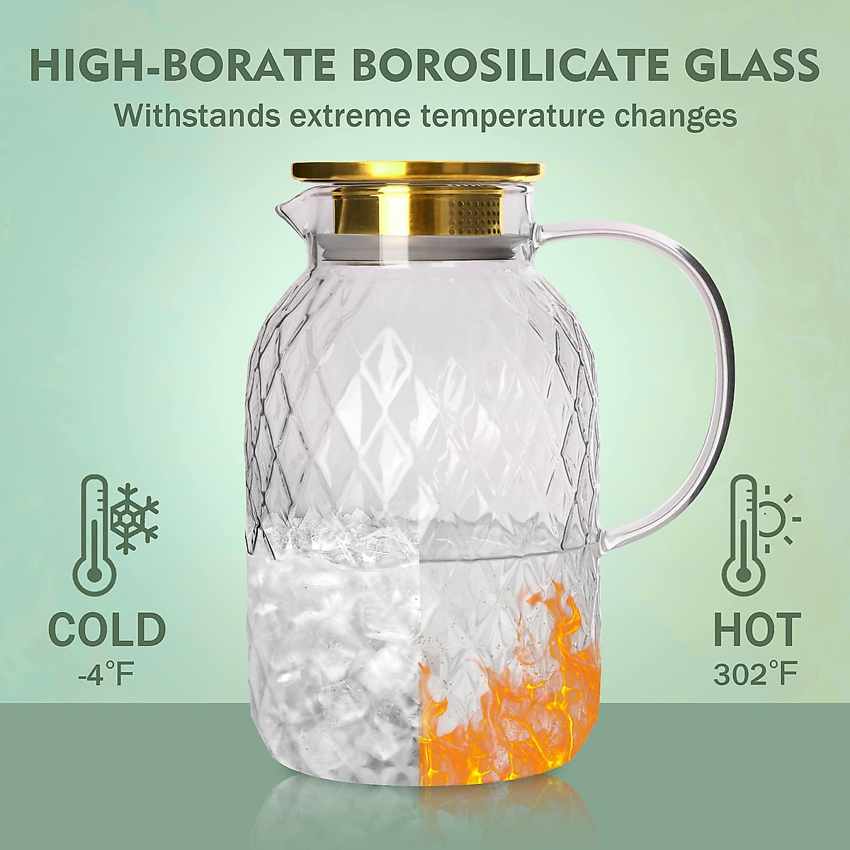 Glass Pitcher,68 oz / 2 Liter Glass Pitcher with Lid,Iced Tea Pitcher,Glass Water Pitcher,1.76qt Drink Pitcher with Lid,Glass Water Jug