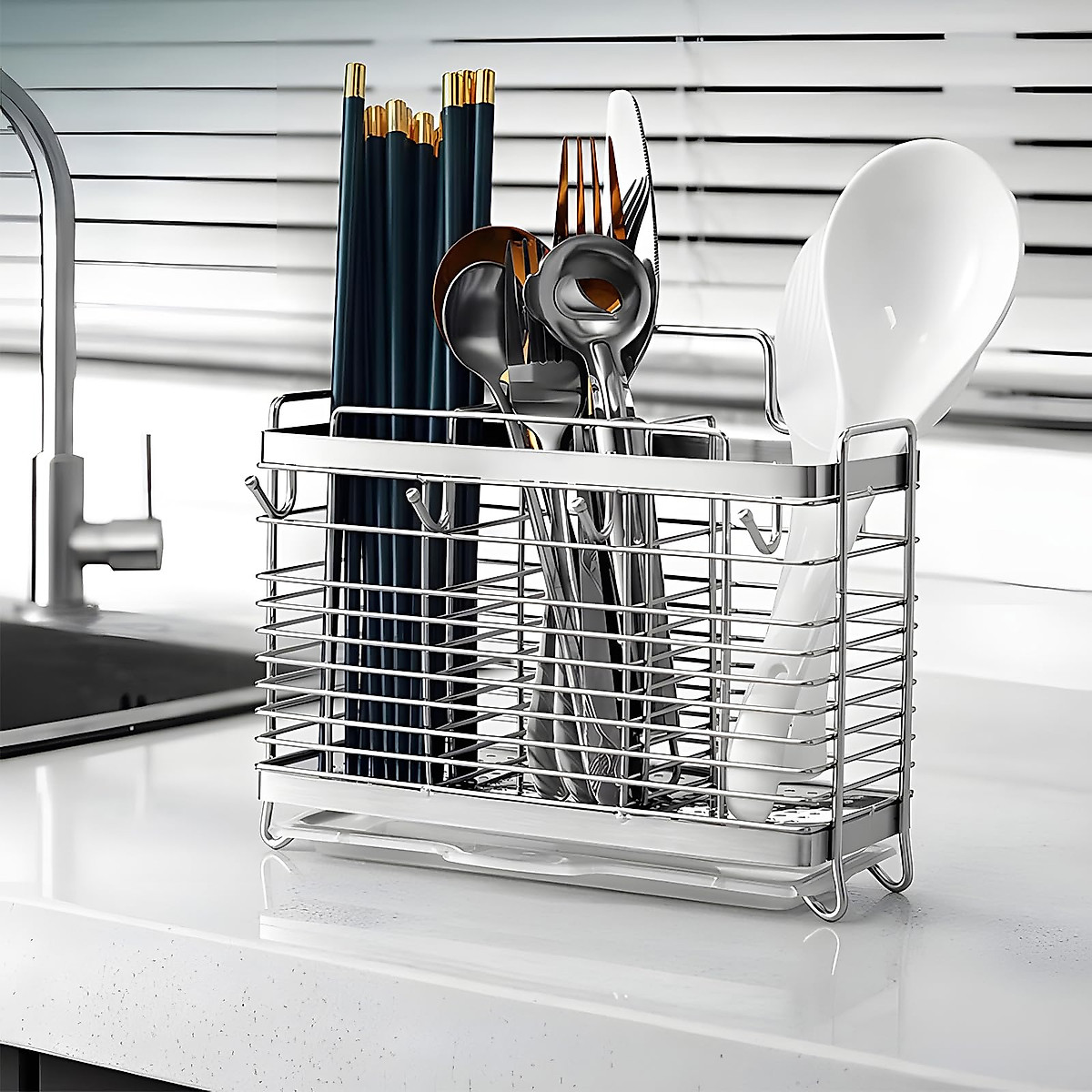 IWNTWY Utensil Holder, Stainless Steel Utensil Drying Rack with Drain Tray, Kitchen Counter Drainer Basket Silverware Cutlery Flatware Holder Forks, Knives, Spoons, Chopsticks Organizer (Silver)