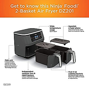 Ninja DZ201 Foodi 6-in-1 2-Basket Air Fryer with DualZone Technology, 8-Quart Capacity, and a Dark Grey Stainless Finish (Dark Grey Stainless) (Renewed)