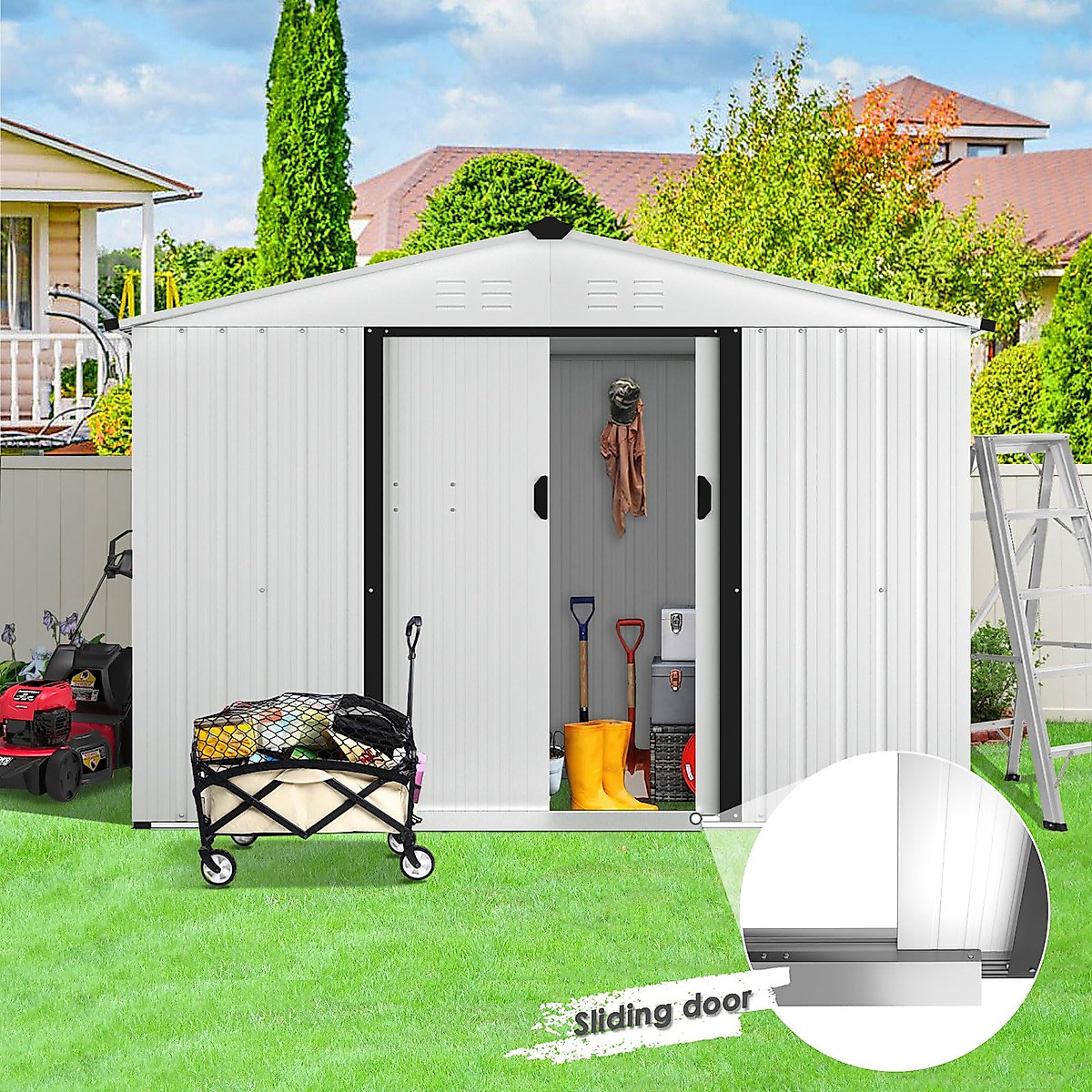 SUNCROWN Outdoor Garden Storage Shed 6X8 FT Yard Storage Tool with Sliding Door for Lawn Equipment Garden Backyard, White