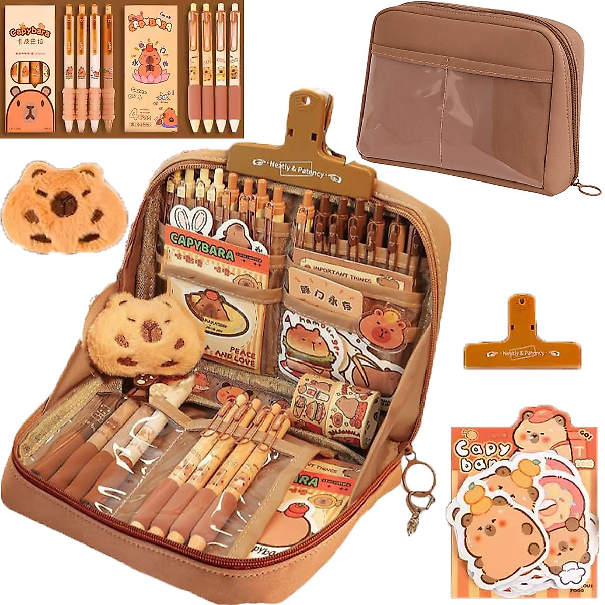 Capybara Pencil Case, Cute Capybara Pencil Case with 12 Compartments, Large Capacity Kawaii Pencil Case, 90° Wide Opening Mouth Pencil Pouch (Brown)
