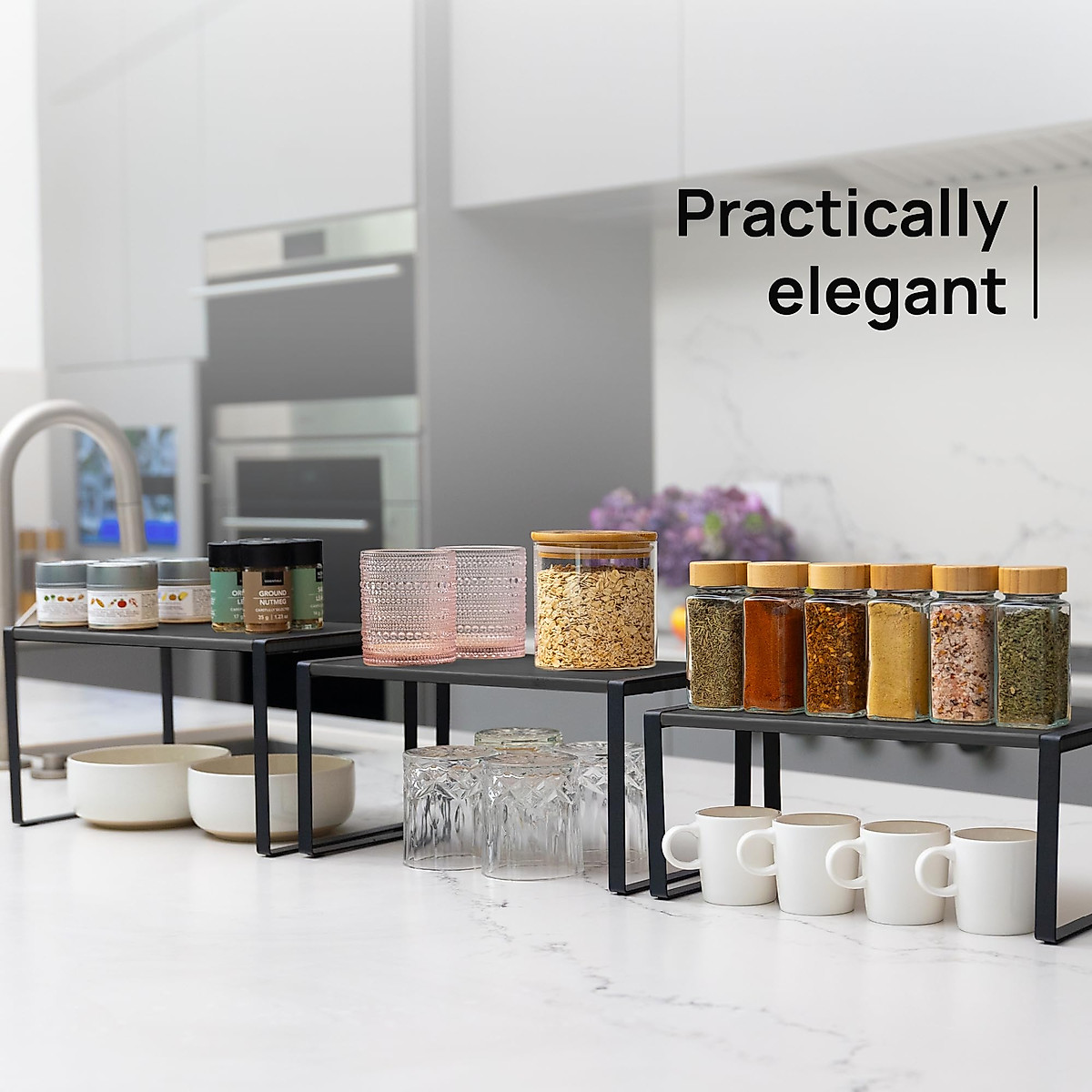 Ibyx Premium Kitchen Cabinet Organizer Shelf - Set of 3 Kitchen Counter Shelves - Stackable & Expandable Shelf Racks for Kitchen Cabinets - Metal Frame & Engineered Wood (Black Wood, Black Frame)