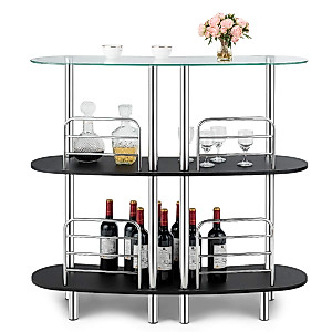 COSTWAY 3-Tier Glass Liquor Bar Cabinets, Wine Bar Storage with Tempered Glass Counter Top and Metal Frame, Bar Unit with 2 Shelves, Bar Organize Ideal for Living Room/Home/Kitchen/Bar/Pub