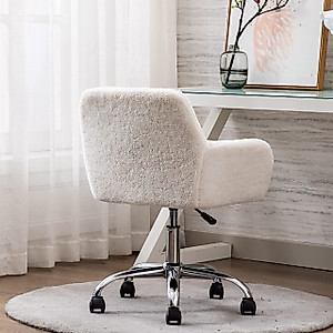 Goujxcy Fluffy Desk Chair, Faux Fur White Vanity Chair Swivel Office Chair for Girls Women, Height Adjustable Cute Teddy Furry Makeup Chairs for Bedroom Home Office