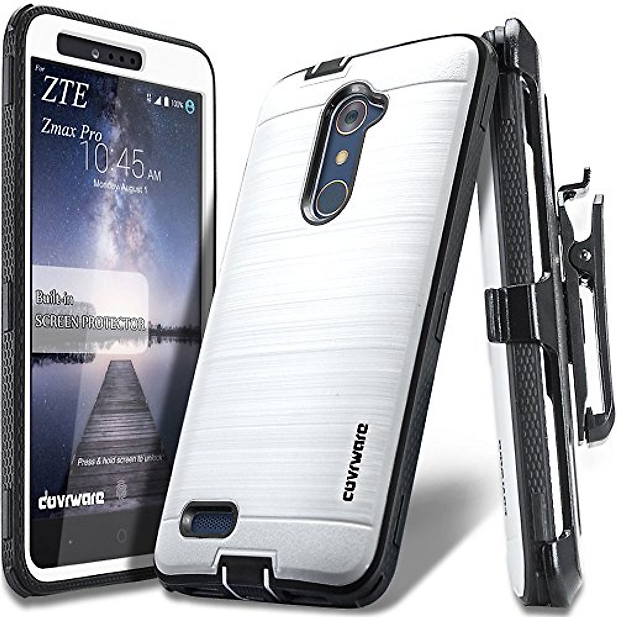 COVRWARE [Iron Tank] case Compatible with ZTE ZMAX PRO/ZTE Carry, with Built-in [Screen Protector] Full-Body Rugged Holster Armor Case [Brushed Metal Texture Design][Belt Clip][Kickstand], White