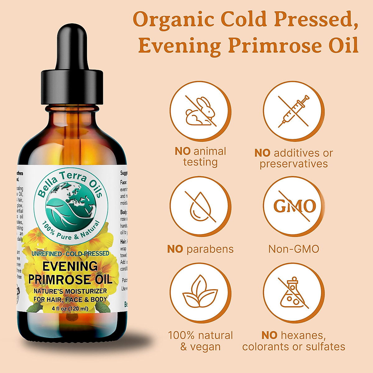 Bella Terra Oils - Organic Evening Primrose Oil 8 oz - Harvested for Excellence, Packed with Nutrients & Omega-6, Perfect Elixir for Enhancing Natural Beauty