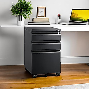 DEVAISE 3 Drawer Mobile File Cabinet with Lock, Under Desk Metal Filing Cabinet for Legal/Letter/A4 File, Fully Assembled Except Wheels, Black