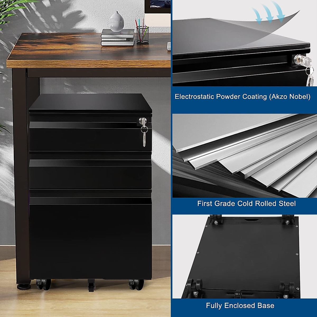 3 Drawers Filing Cabinet Office Drawers with Keys 19.69 D x 15.35" W x 23.62" H, Fully Assembled,Heavy Duty Filing Cabinet Vertical File Under Desk for Legal/Letter/A4 File, (Black)